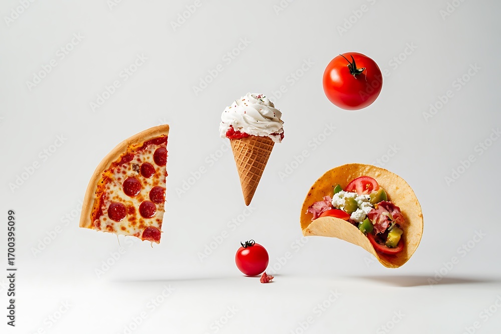 Ice cream cone acting as referee while pizza and taco play catch with a ...
