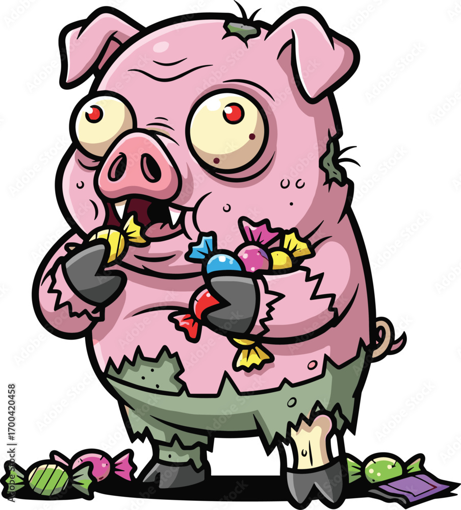 Zombie pig eating Halloween candy, cartoon undead pig character ...