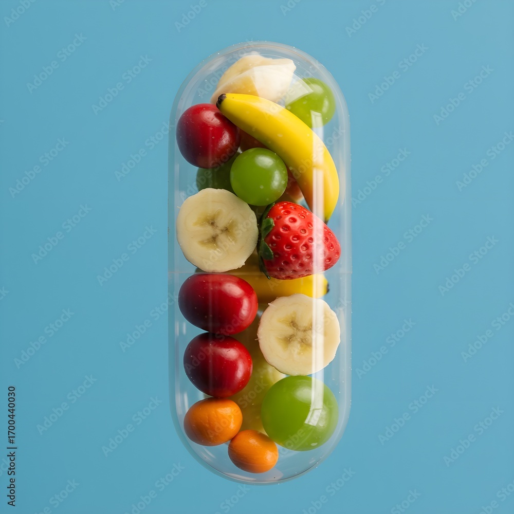 Fresh fruits and vegetables packed inside a tiny medicine capsule ...