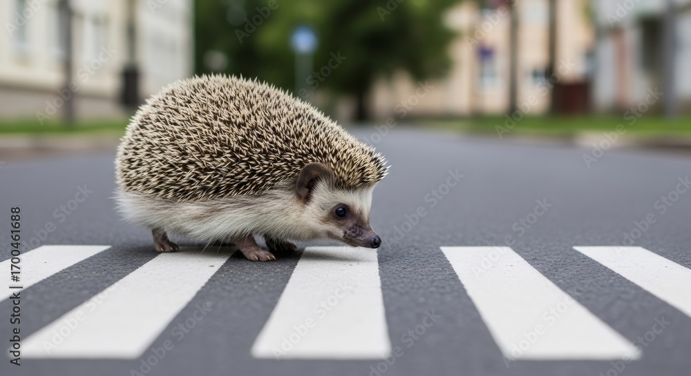 Small hedgehog crossing the street on a pedestrian walkway ...
