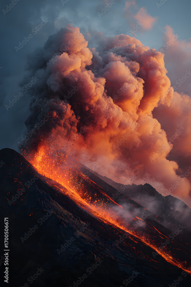 Highly detailed photo of a volcanic eruption featuring lava streams ...