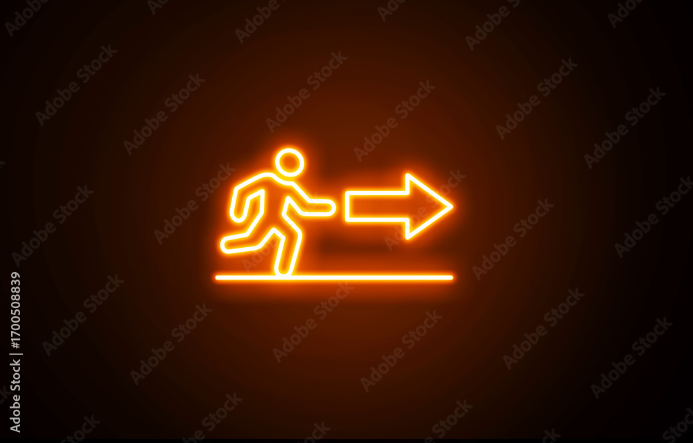 Neon glowing orange color emergency exit icon on black background. Man ...