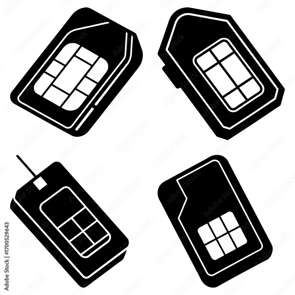 Four black and white sim cards are arranged in a square formation on a ...