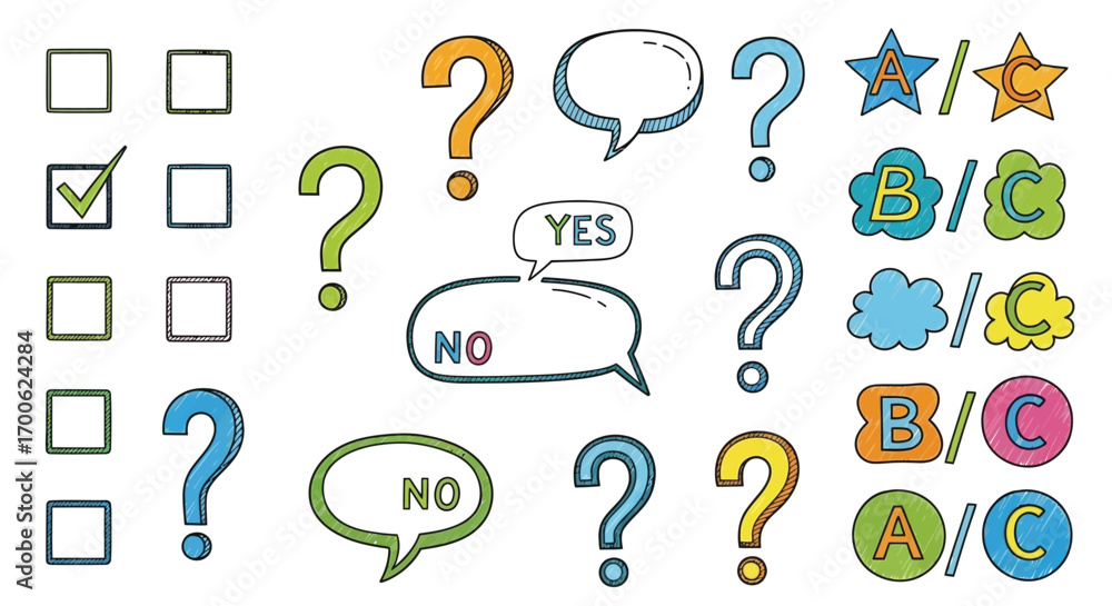 Doodle Style Quiz Elements Vector Illustration Set Featuring Checkboxes ...