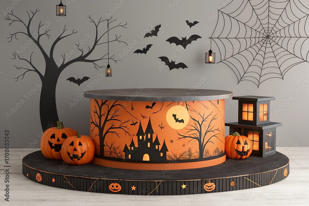 Spooky halloween scene with haunted house and pumpkins Stock Photo ...