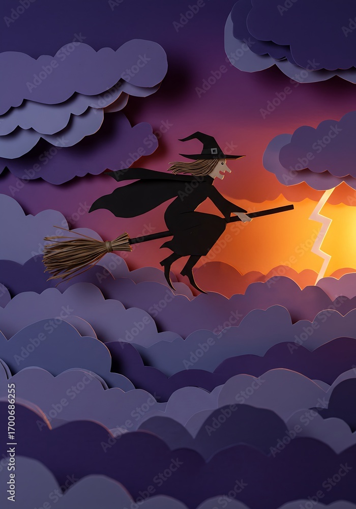 Papercraft witch flying on a broom through a stormy night sky. Stock ...
