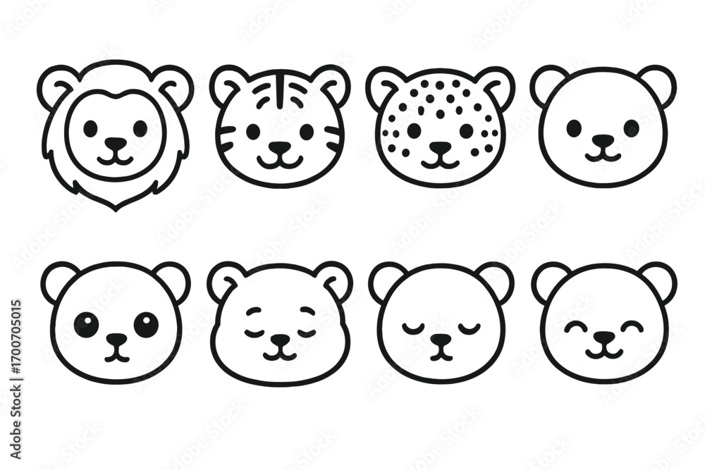 Adorable Cub Icons. Line style icons of cub faces: lion cub, tiger cub ...