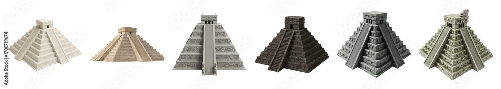 Ancient stone pyramid set including weathered, mossy, dark, light, and ...