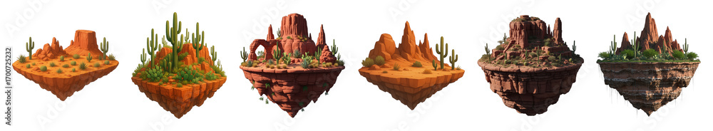 Floating desert islands set including various rock formations, cacti ...