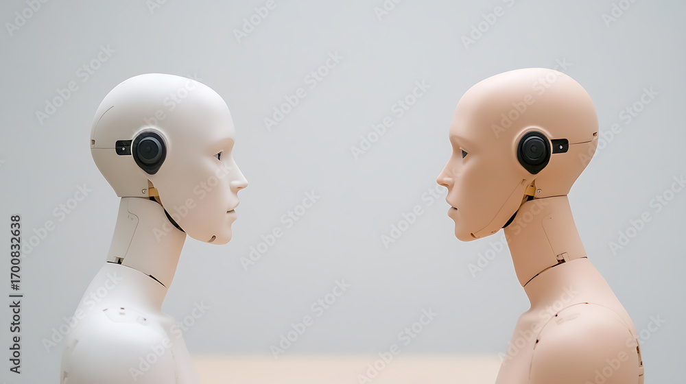 Two humanoid robot busts face each other, one white and one peach ...