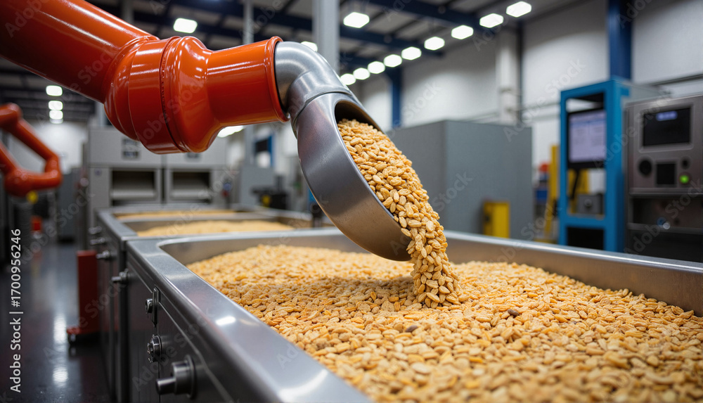 Industrial robotic arm pouring peanuts into large container in factory ...