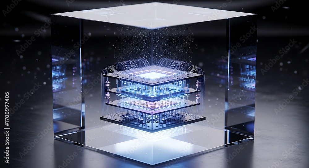 Quantum Computing Core Illuminated Processor Layers in Glass Cube ...