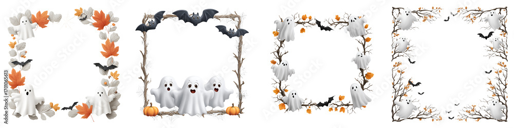Halloween Frames with Ghosts, Bats, Pumpkins and Leaves Stock Photo ...