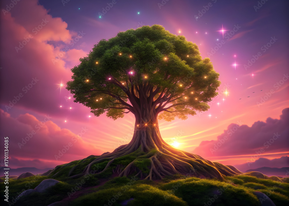 Fantastical Tree Magical Glowing Lights Surreal Sunset Fantasy ...