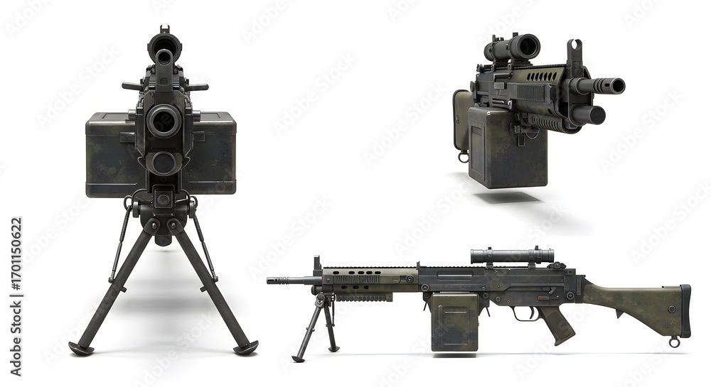 Top and Side Views of an M249 SAW Light Machine Gun with Bipod and Ammo ...