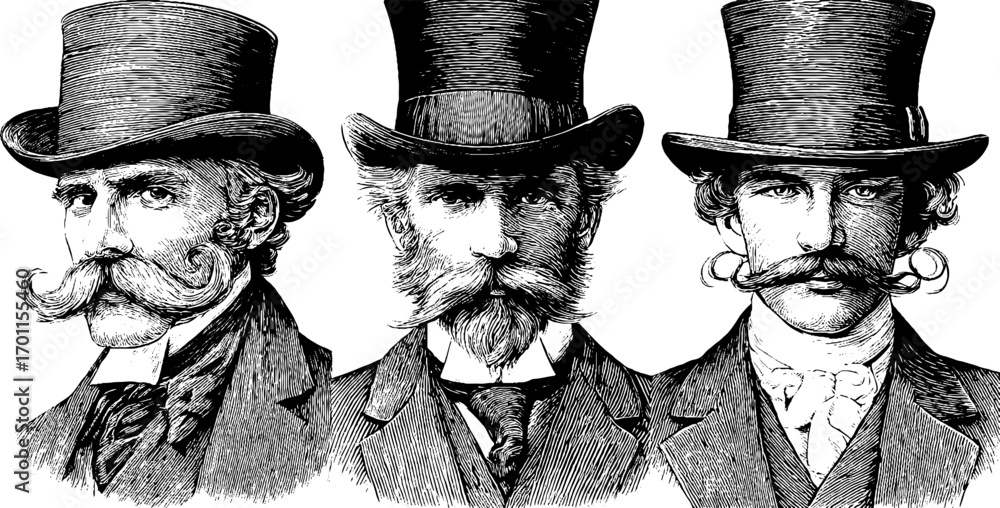 Vintage engraving style illustration set of noble gentlemen with top ...