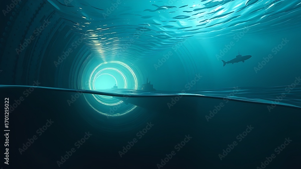 Glowing wormhole tunnel through ocean depths, featuring ghostly ...