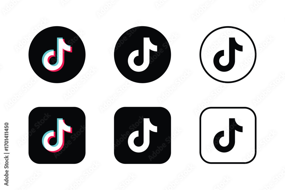 tiktok social media logo icon set gradient black outline round square ...