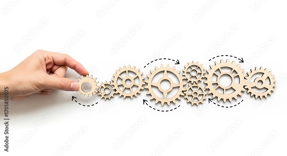Hand adding final gear to interconnected mechanism symbolizing teamwork ...
