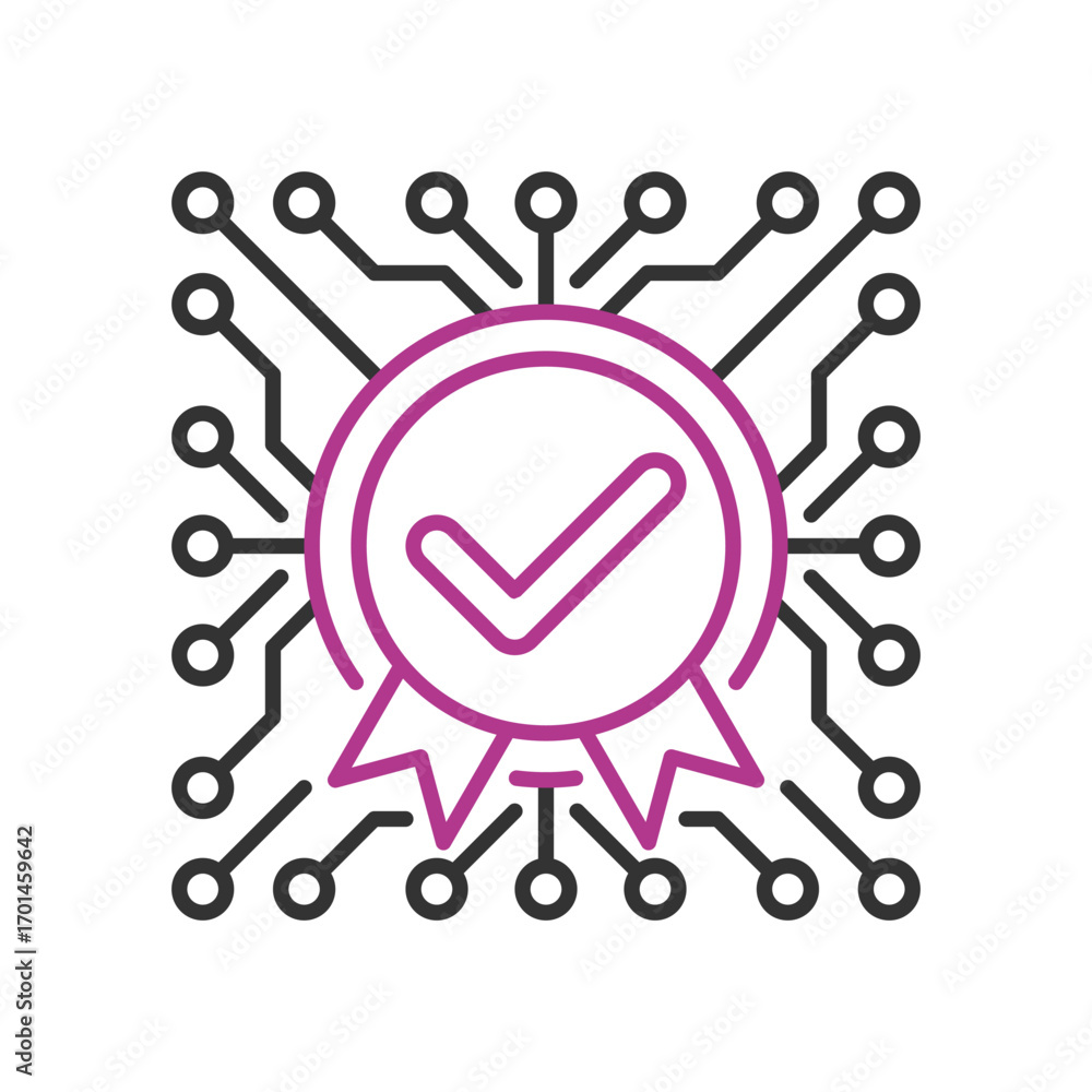 Recommendation System icon in black and purple line style with a check ...