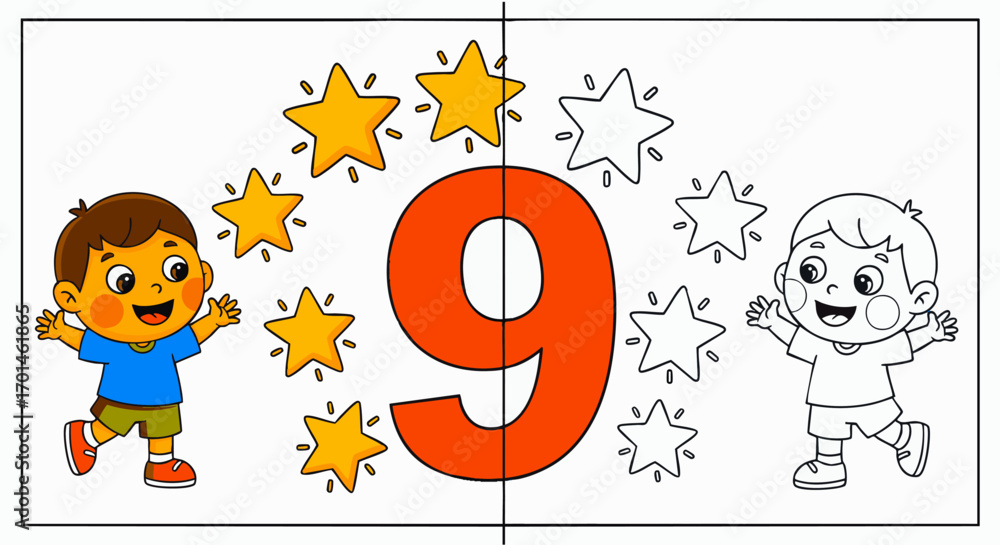 Cute cartoon boy celebrating with a large number nine and twinkling ...