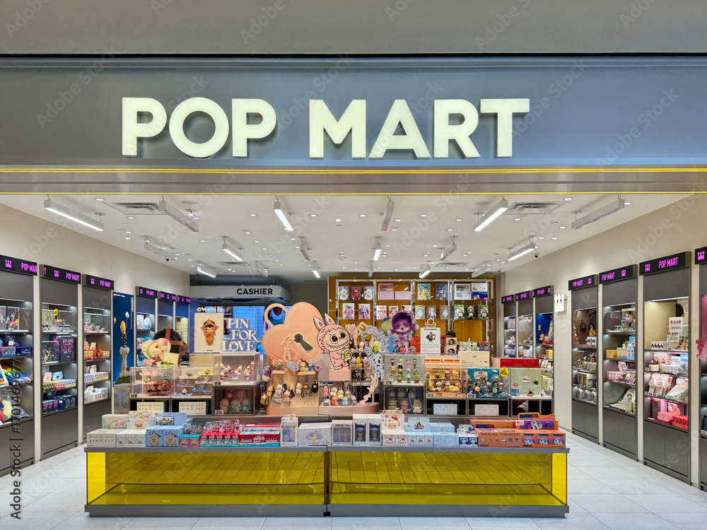 Portland, OR - September 10, 2025. Pop mart store entrance window with ...