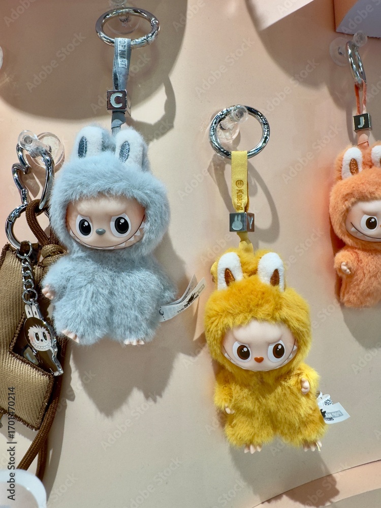 Tukwila, WA - September 11, 2025. Blue and yellow Labubu plush toy ...