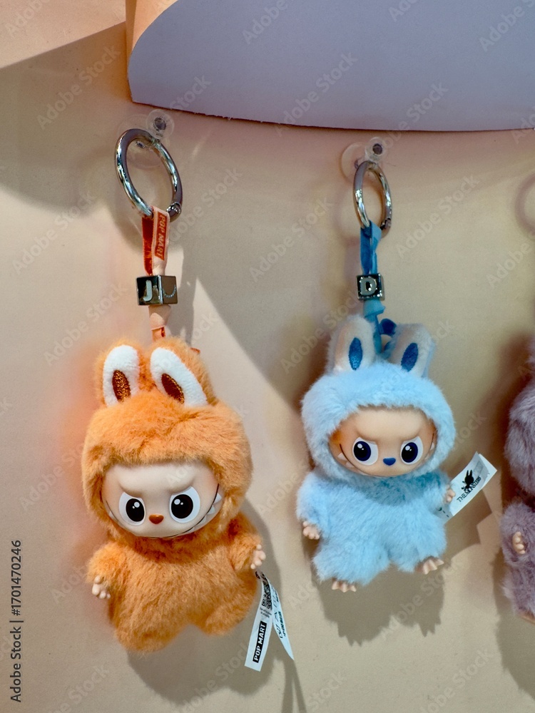 Tukwila, WA - September 11, 2025. Orange and blue Labubu plush toy ...