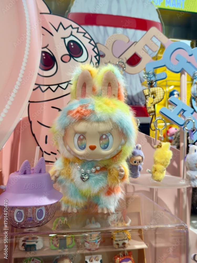 Tukwila, WA - September 11, 2025. Big rianbow Labubu toy. Pop Mart ...