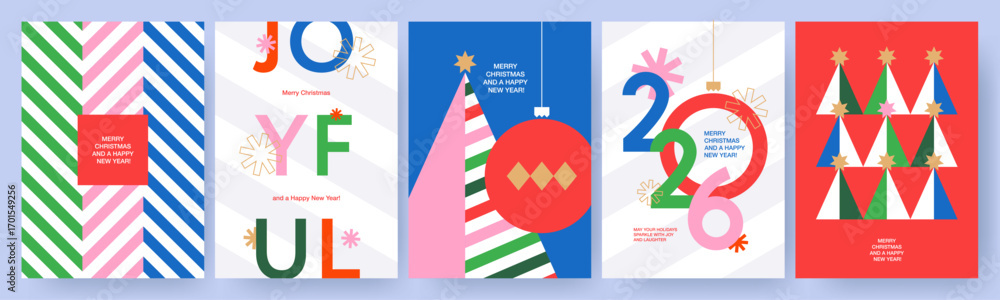 Merry Christmas and Happy New Year Set of greeting cards, posters ...