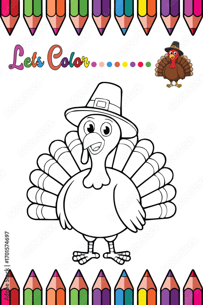 Thanksgiving Pilgrim Turkey Coloring Page – Cute Cartoon Turkey Wearing ...