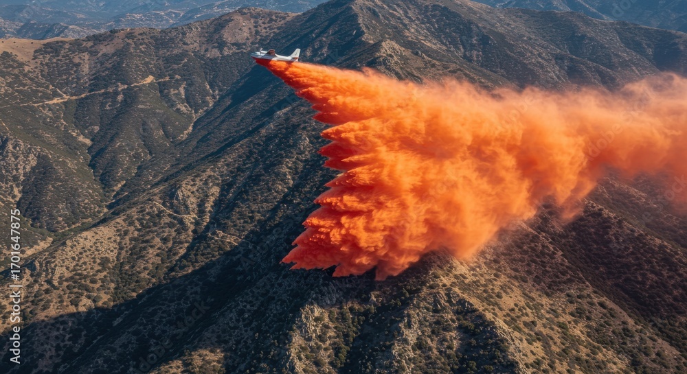 Stock-Foto „Aerial firefighting a plane drops fire retardant on a ...