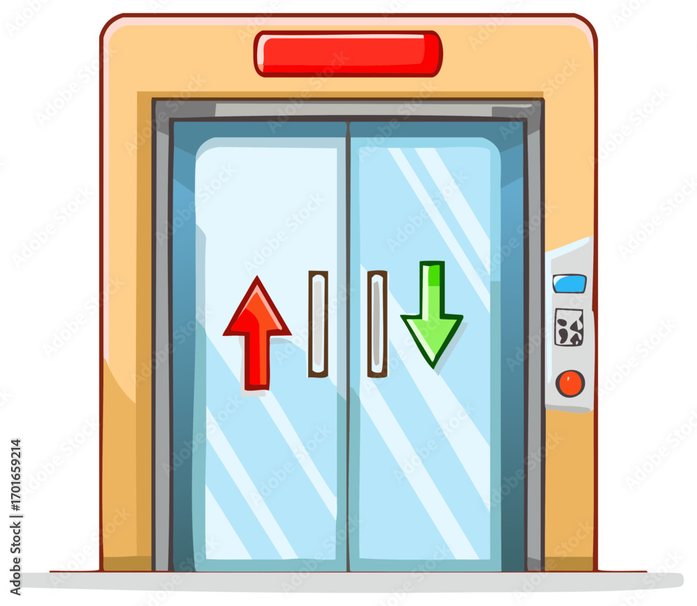 Cartoon illustration of a modern elevator with closed doors and ...