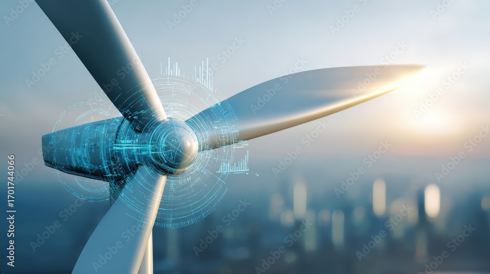 Wind Turbine Generating Clean Energy with Cityscape Background and Futuristic Data ...