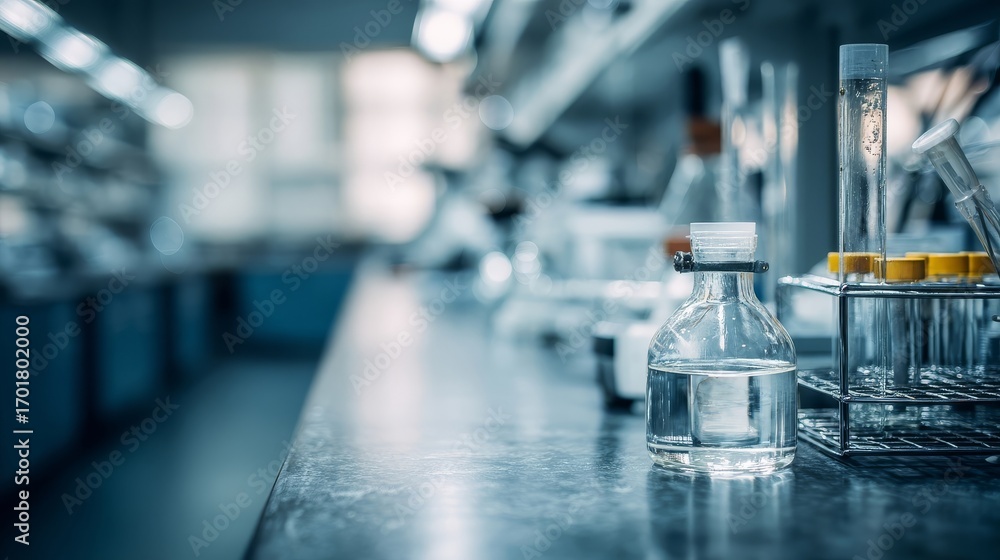 Laboratory setting with scientific equipment on a countertop, chemical ...