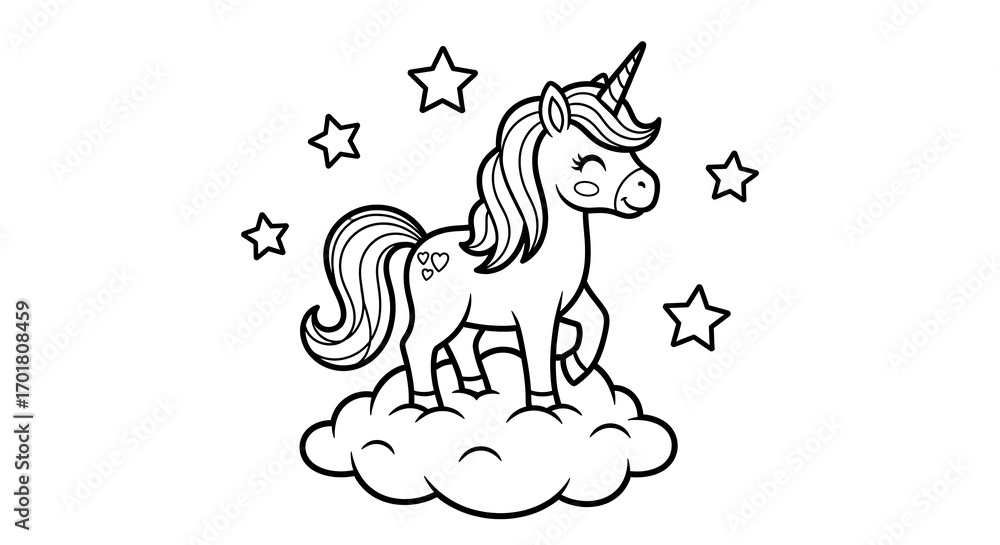 Magical Unicorn on Cloud: Coloring Page with Stars Stock Photo | Adobe ...