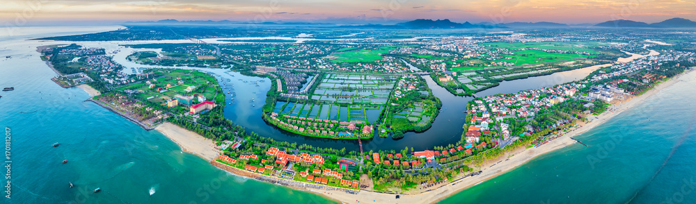 Aerial view of Cua Dai bay in Hoi An ancient town, Vietnam ...