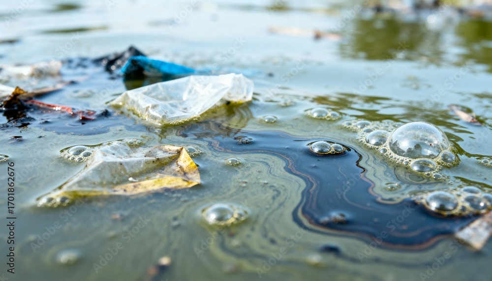 Water Pollution Close-Up: Plastic Waste and Algae Bloom Contaminating ...