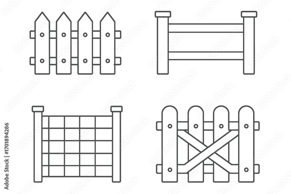 Fence icon set line art collection. Vector outline symbols of different ...