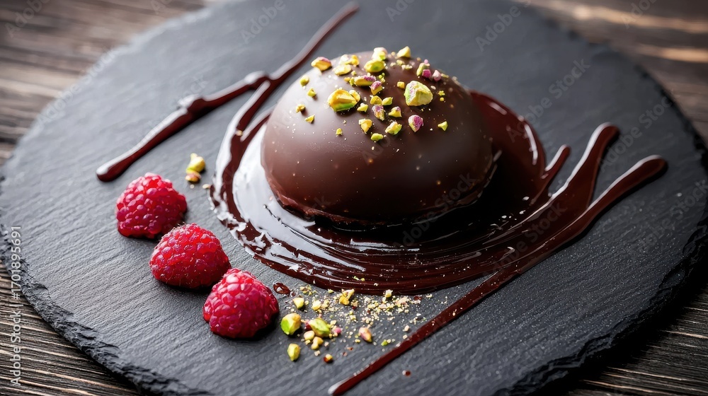 Dark ganache chocolate dome with raspberry coulis and pistachios on ...