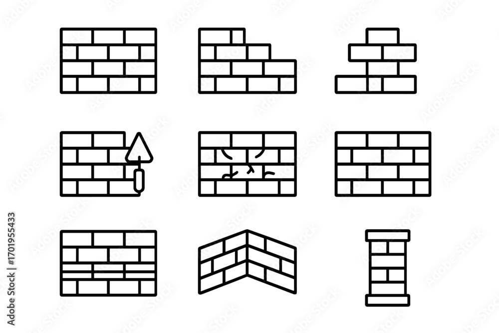 Brick wall outline icon set. Linear vector collection of brickwork and ...