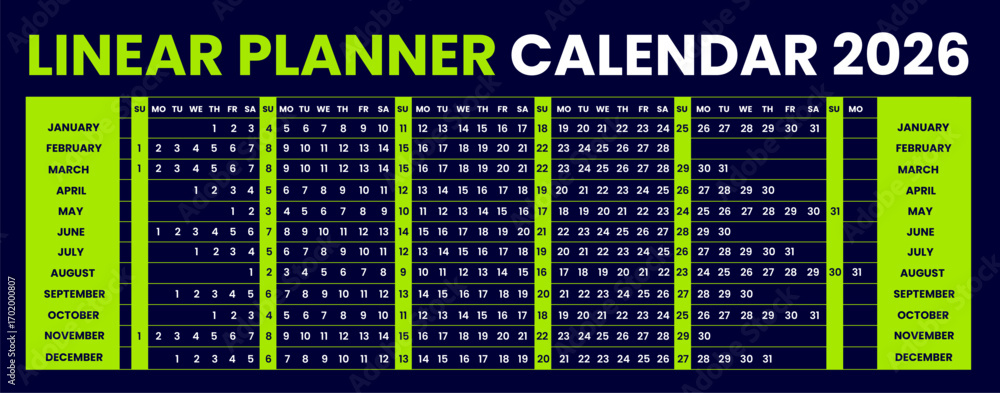 dark and green color Linear planner calendar for 2026. Horizontal or ...