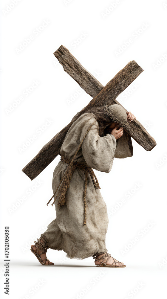 Jesus Christ carrying heavy wood cross with suffering on Good Friday ...