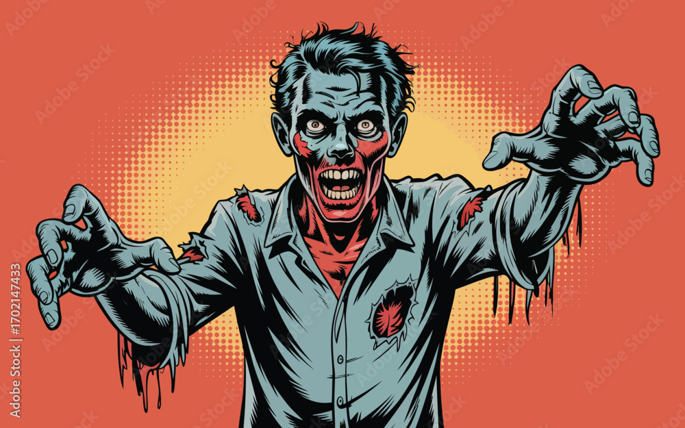 Terrifying zombie with tattered clothes and outstretched arms Stock ...