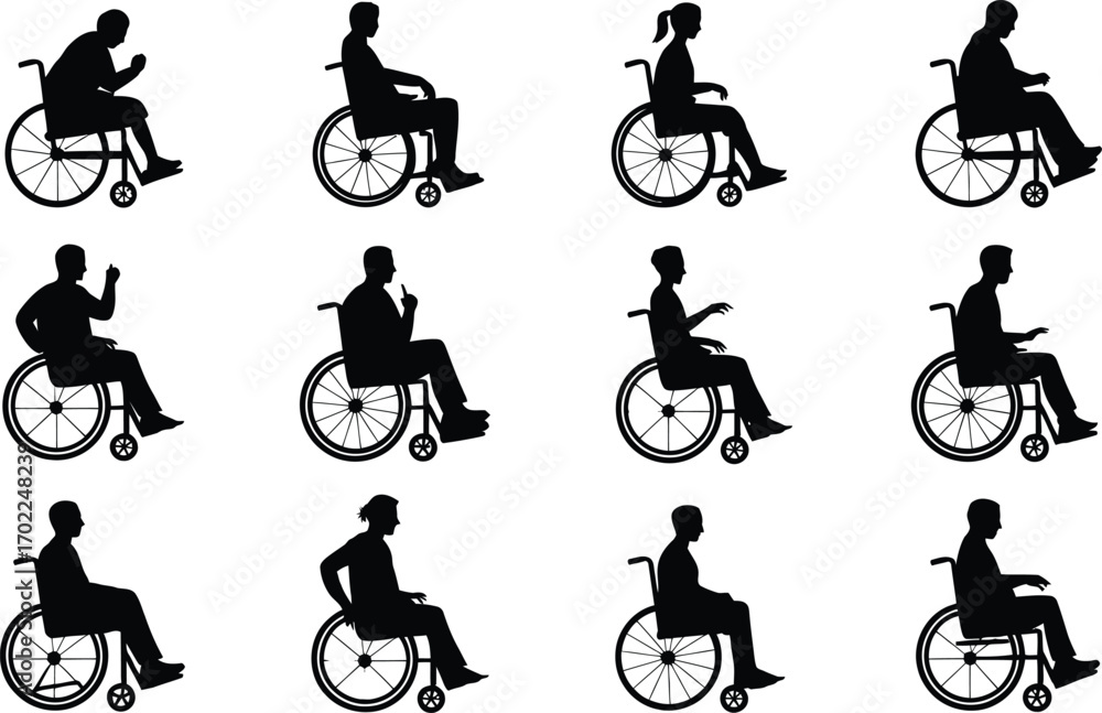Diverse silhouettes of people in wheelchairs for accessibility and ...