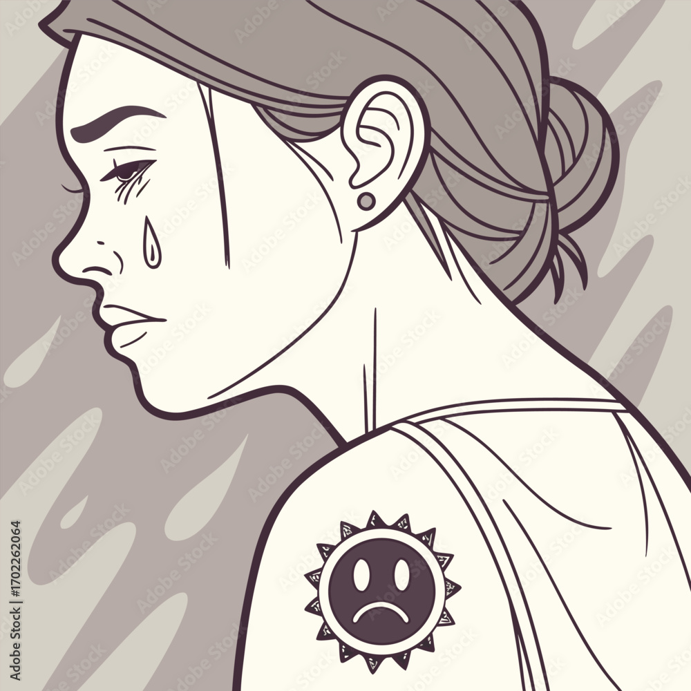 Melancholy crying face emoji with a unique dripping ink tattoo effect ...