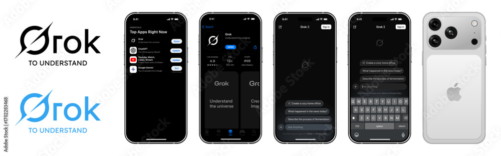 Vector de Stock Grok AI application template UI 2025 update shown on iPhone 17. Editable mockup ...