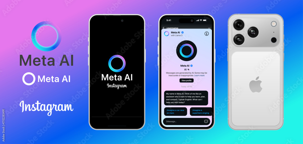 Instagram Meta AI application template UI 2025 update shown on iPhone 17. Editable mockup design ...
