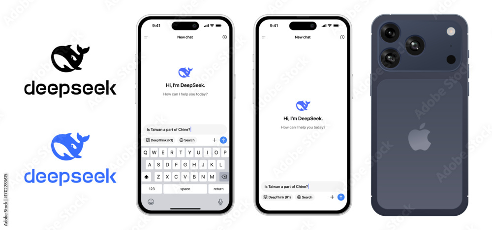 DeepSeek AI app template UI 2025 displayed on iPhone 17. Futuristic ...