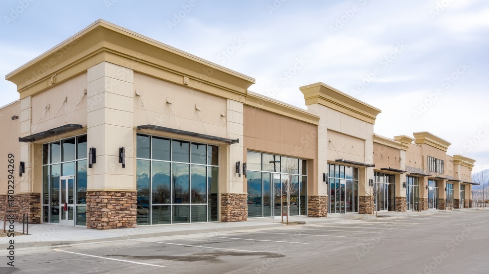 Commercial Real Estate: Modern Retail Strip Mall Facade with Spacious ...